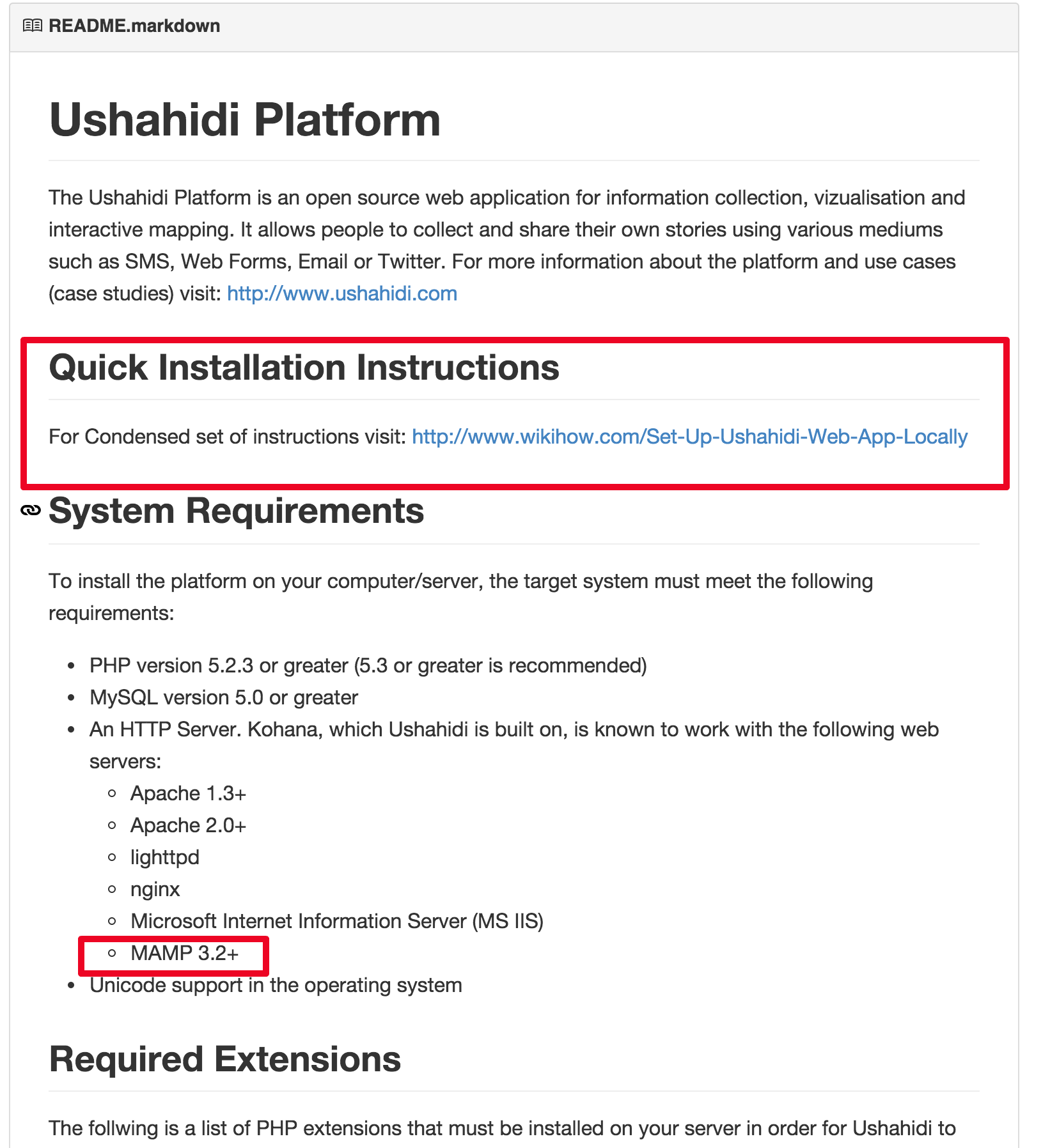 Adding to the read me file and suggesting the use of MAMP and a section ...